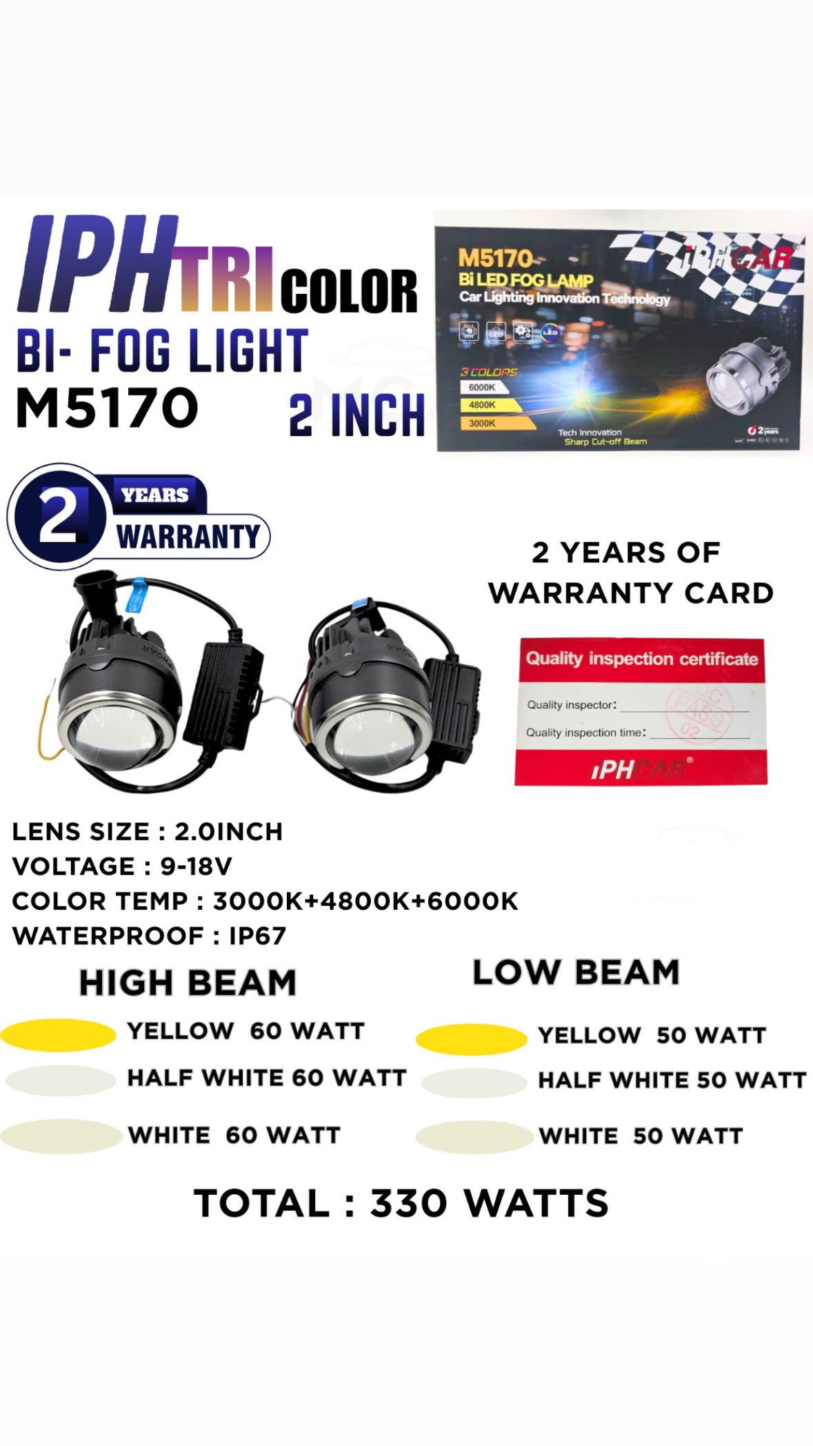 IPH-Car-M5170 Bi-LED Fog Lamps | Tri-Color 2-Inch Fog Light Upgrade ...